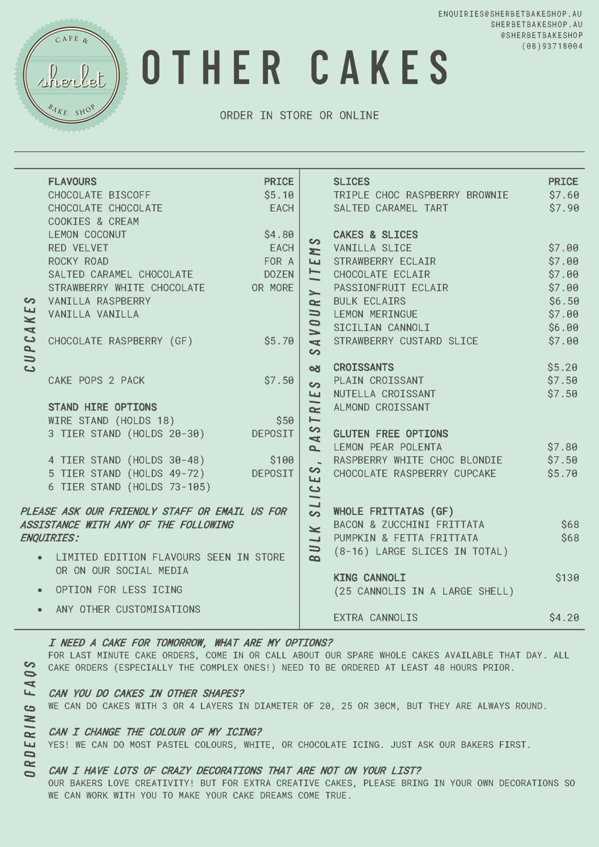 Cafe Menu - Sherbet Cafe & Bake Shop